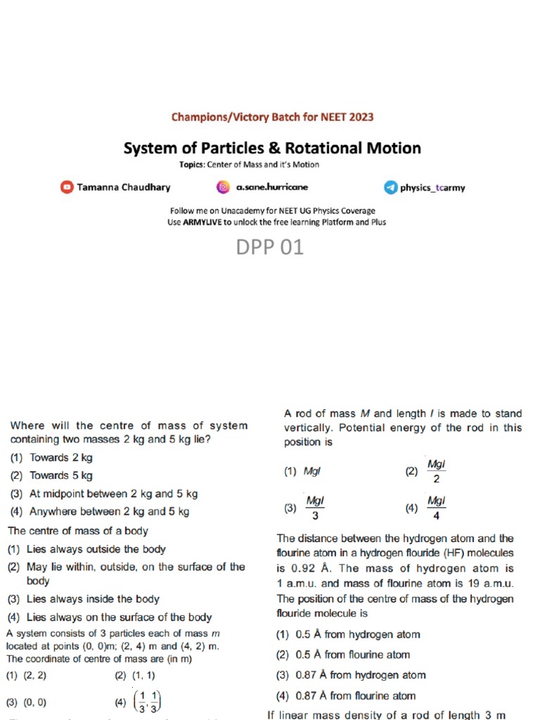 Rotatinal Mechanics DPP | PDF | Rotation Around A Fixed Axis | Torque