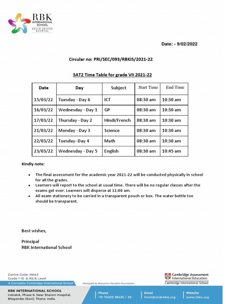 Grade 7-SAT2 TIMETABLE | PDF | Science & Mathematics