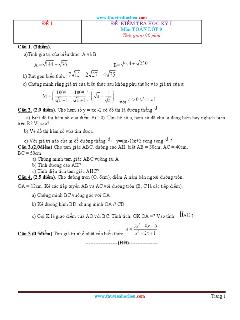 Thuvienhoclieu 20 DE THI HK1 TOAN 9 CO DAP AN | PDF