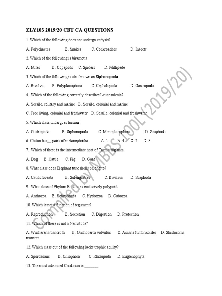 ZLY103 CBT CA Questions-1 | PDF | Organisms | Biology