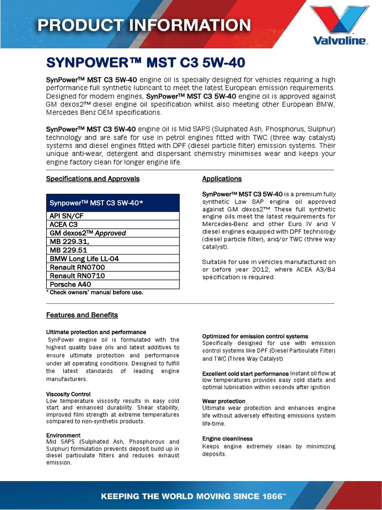 Synpower MST 5W-40-PI Sheet | Download Free PDF | Motor Oil | Lubricant
