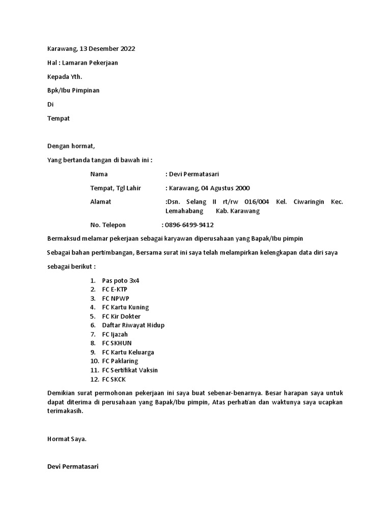 Surat Lamaran Devi Permatasari | PDF | Karier & Perkembangan