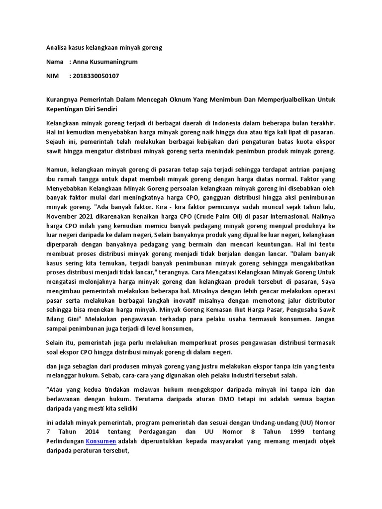 Kelangkaan Minyak Goreng di Indonesia: Penyebab dan Solusi | PDF