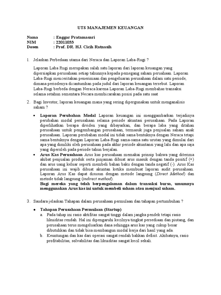 UTS Manajemen Keuangan ENGGAR PRATAMASARI | PDF | Bisnis | Pengelolaan ...