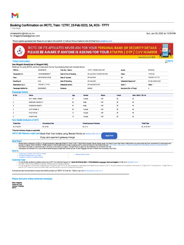 Booking Confirmation On IRCTC, Train: 12797, 23-Feb-2023, 3A, KCG ...