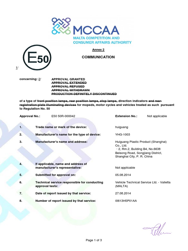 Summary of Test Results for Direction Indicator Lamp Approval under ECE ...