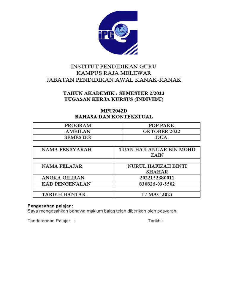 Institut Pendidikan Guru Kampus Raja Melewar Jabatan Pendidikan Awal Kanak-Kanak | PDF