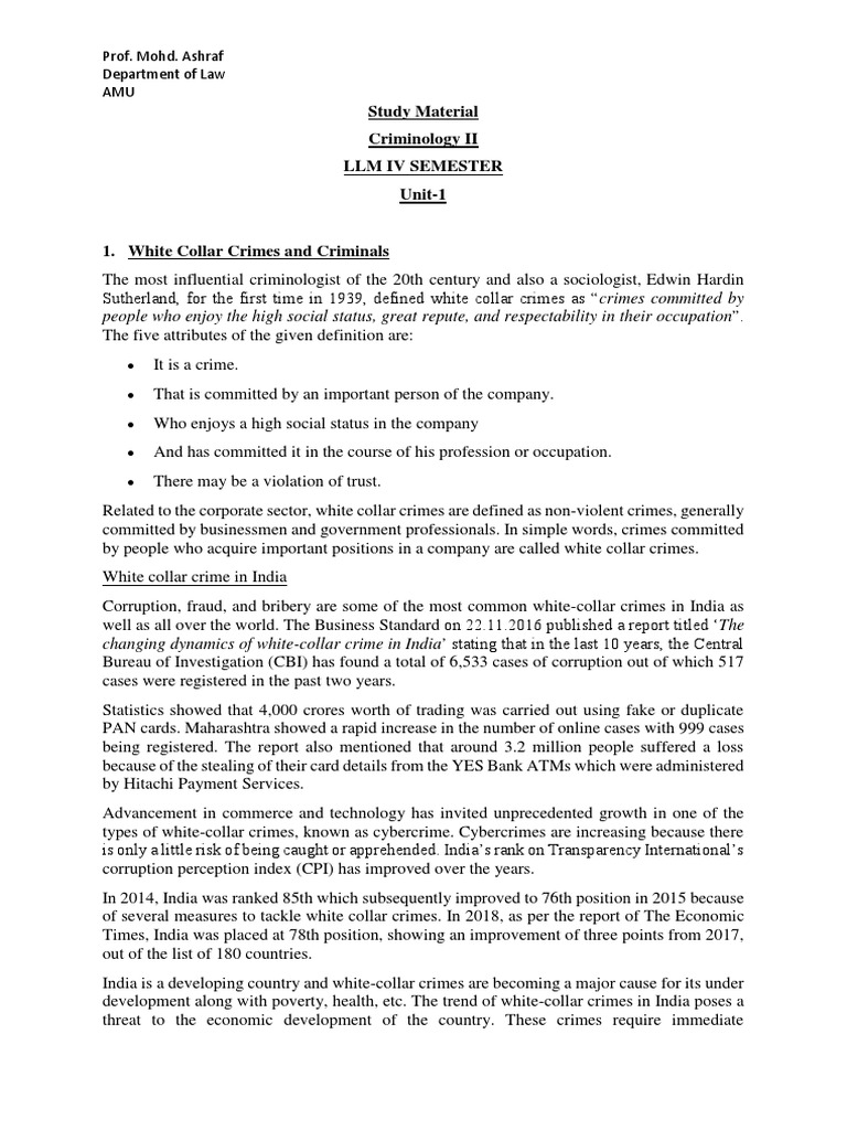 Study Material Criminology II LLM Iv Semester Unit-1 | PDF | Crimes ...