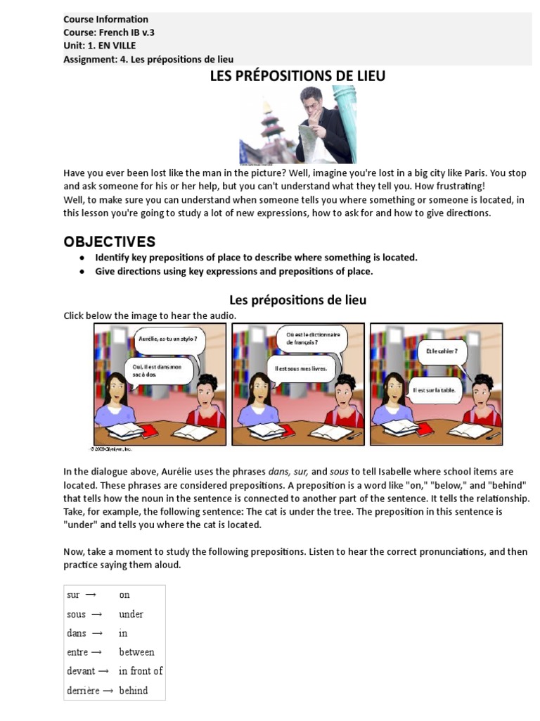 Assignment4 Les Prépositions de Lieu | PDF | Preposition And ...