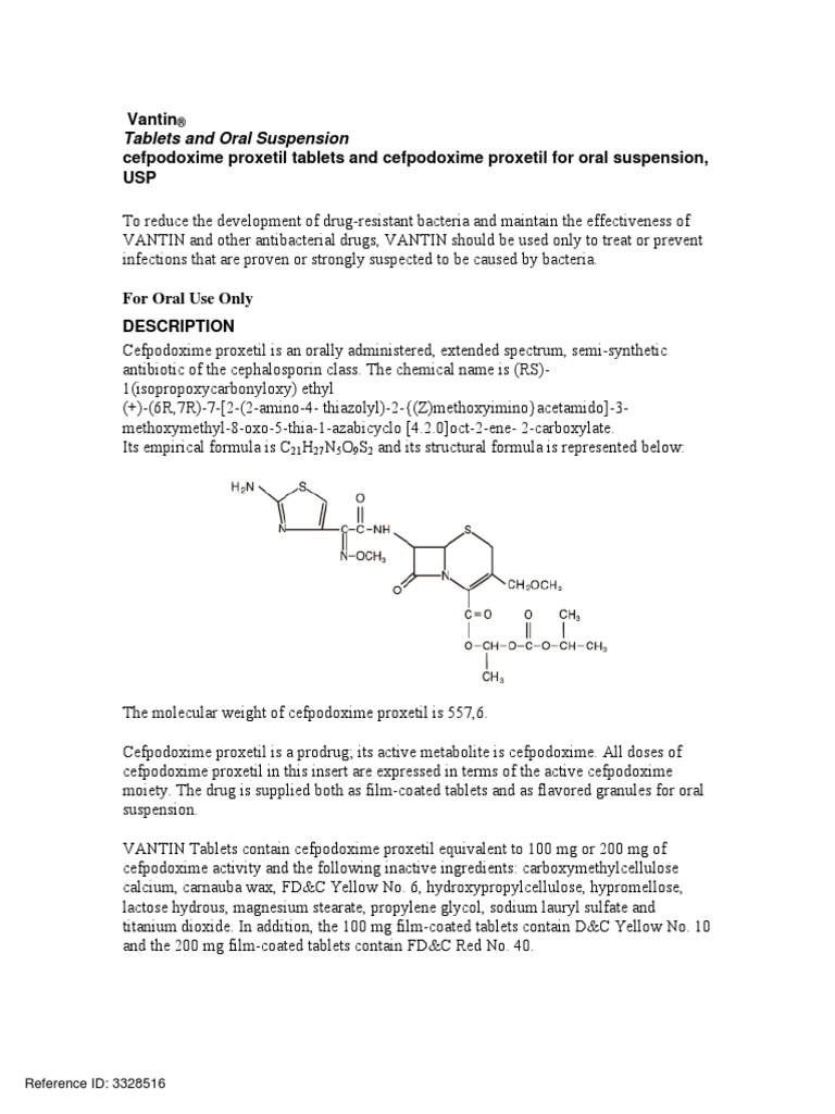 Vantin Cefpodoxime Proxetil Tablets and Cefpodoxime Proxetil For Oral ...