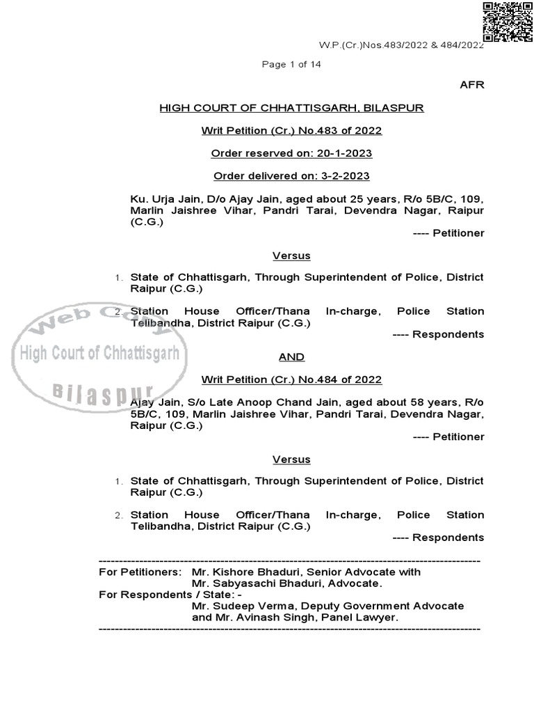 Ku Urja Jain Vs State of Chhattisgarh and Another Along With A ...