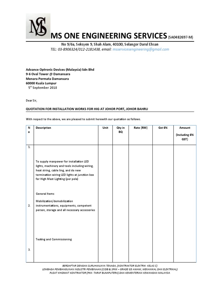 MS One Engineering Services Quotation | PDF