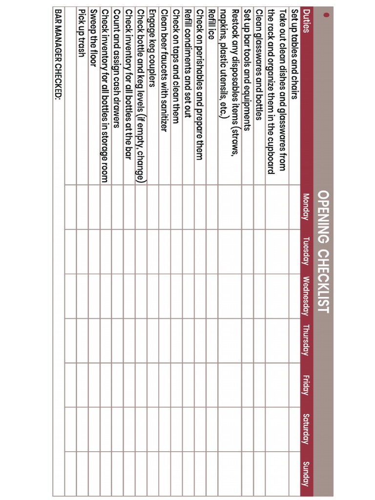 Bartender Duties Checklist Pdf