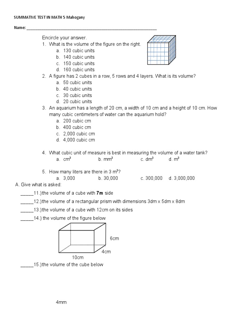 Summative Test in Math 5 | PDF | Volume | Length
