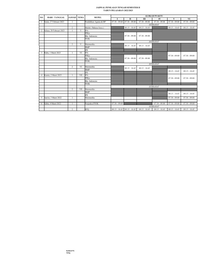 Jadwal Penilaian Tengah Semester 2023 | PDF