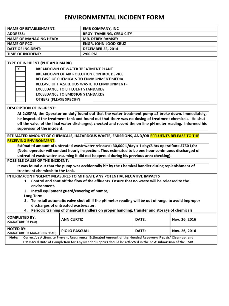 Environmental Incident Report - EMB Company | PDF | Effluent | Water ...