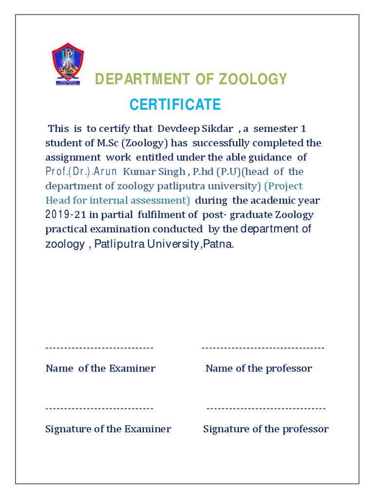 Certificate of Completion for M.Sc. Zoology Practical Examination and ...
