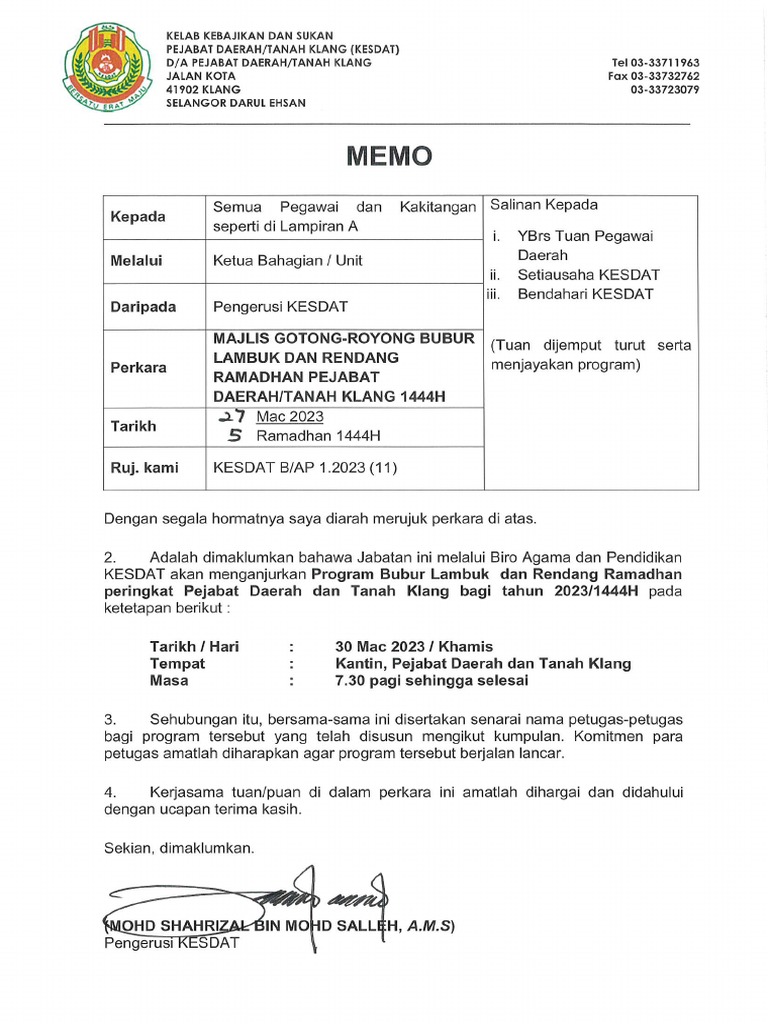 Memo Majlis Gotong-Royong Bubur Lambuk Dan Rendang | PDF