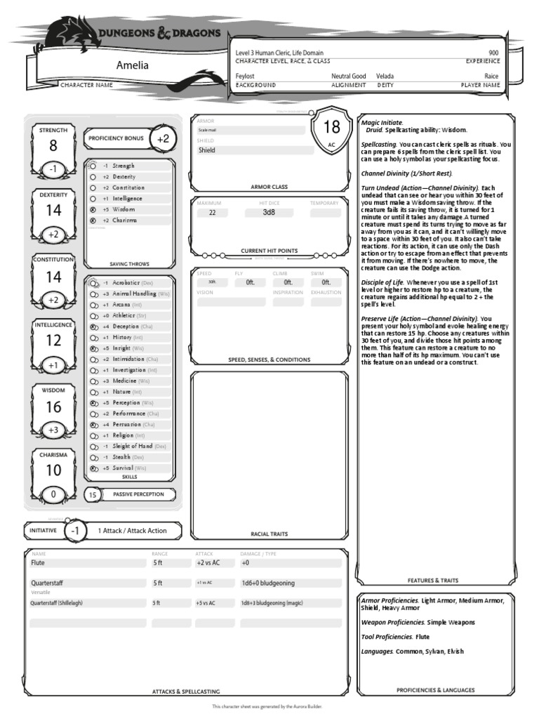 Amélia Dnd Character Pdf