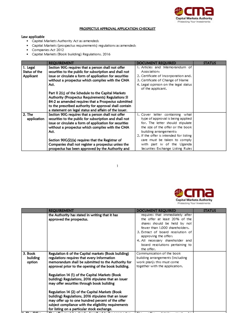 Prospectus Approval Application Checklist | PDF | Prospectus (Finance ...