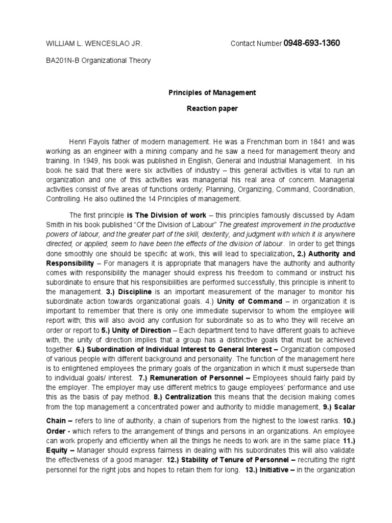 Principles of Management Reaction Paper | PDF | Employment | Labor