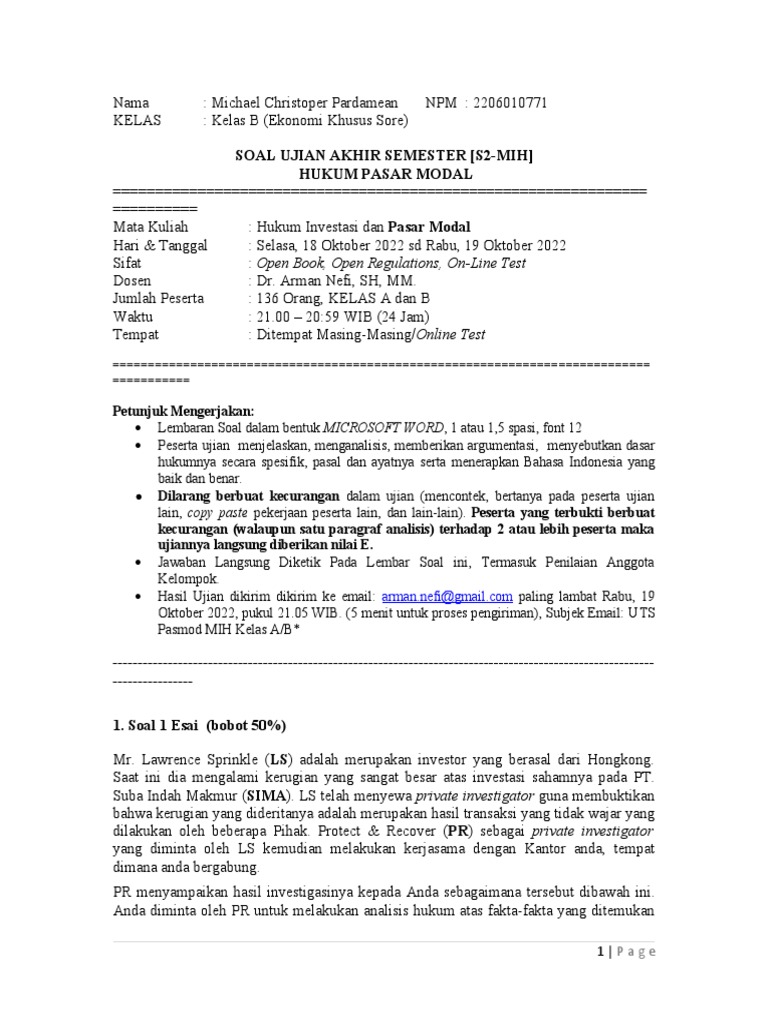 Soal Ujian Akhir Semester (S2-Mih) Hukum Pasar Modal: Petunjuk Mengerjakan | PDF