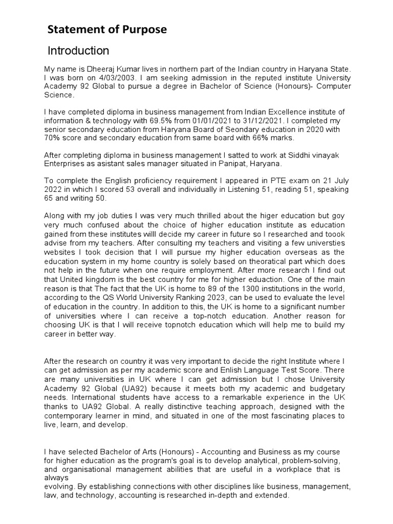 Statement of Purpose for Admission to University Academy 92 Global's ...