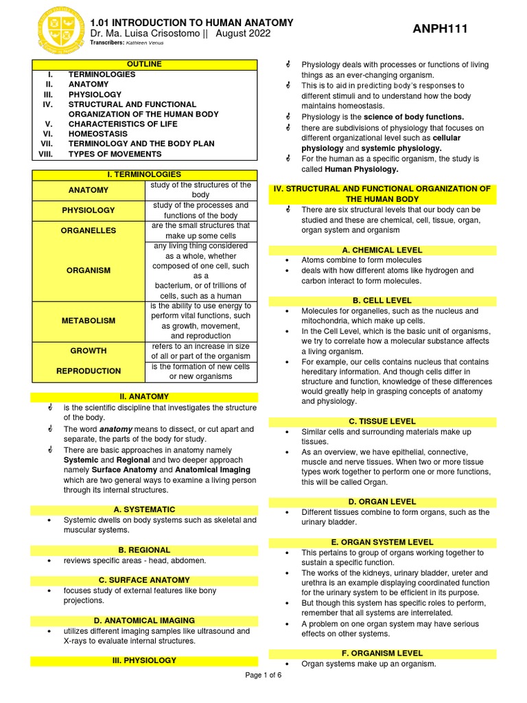 1 01 Introduction To Human Anatomy Pdf Anatomical Terms Of Motion