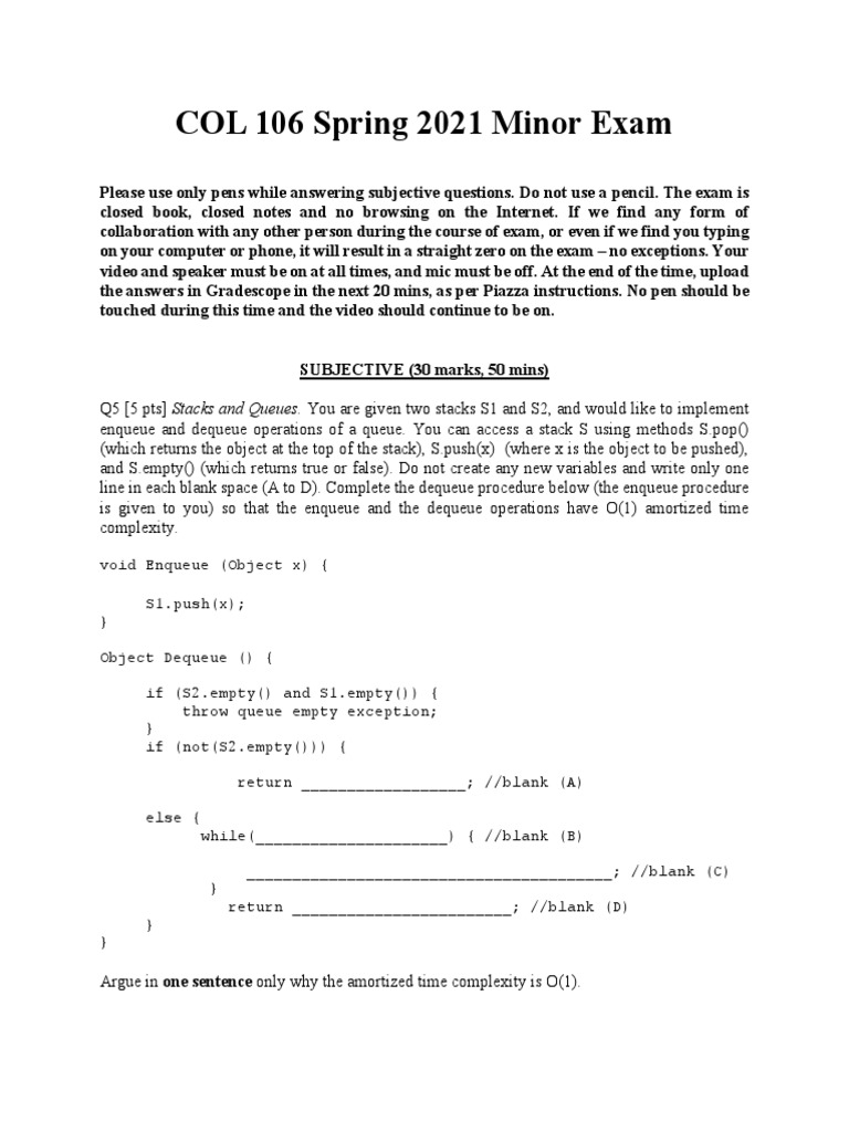 COL106 Minor 1 Subjective | PDF | Queue (Abstract Data Type) | Computer Science