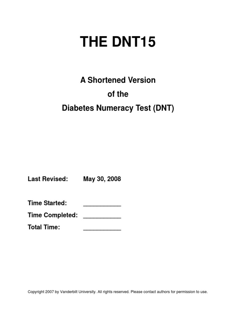 The Dnt15: A Shortened Version of The Diabetes Numeracy Test (DNT ...