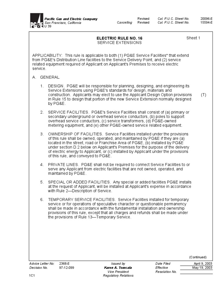 PG&E Electric Rule No. 16 Overview | PDF | Pacific Gas And Electric ...