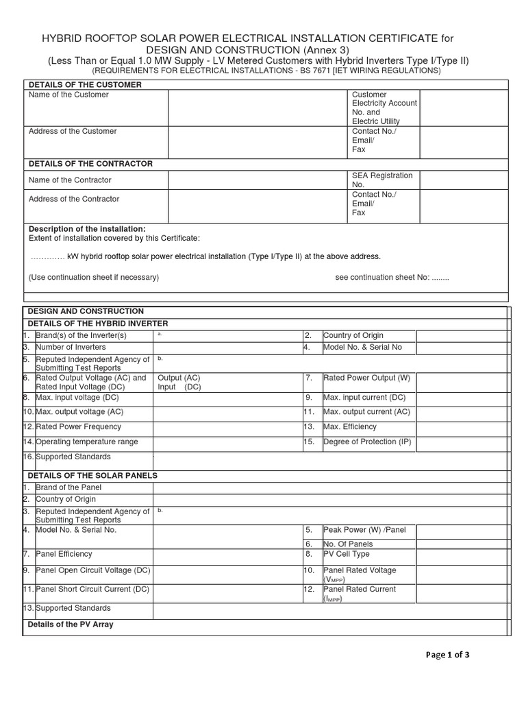 Hybrid Rooftop Solar Power Electrical Installation Certificate3 | PDF ...