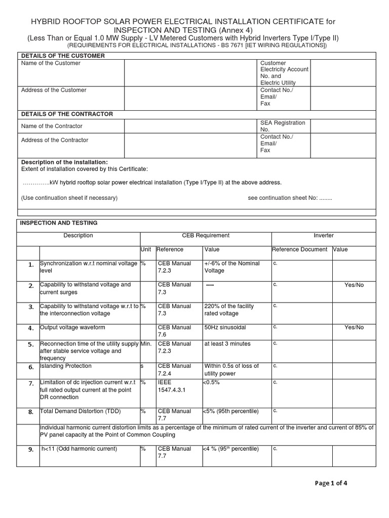 Hybrid Rooftop Solar Power Electrical Installation Certificate For ...