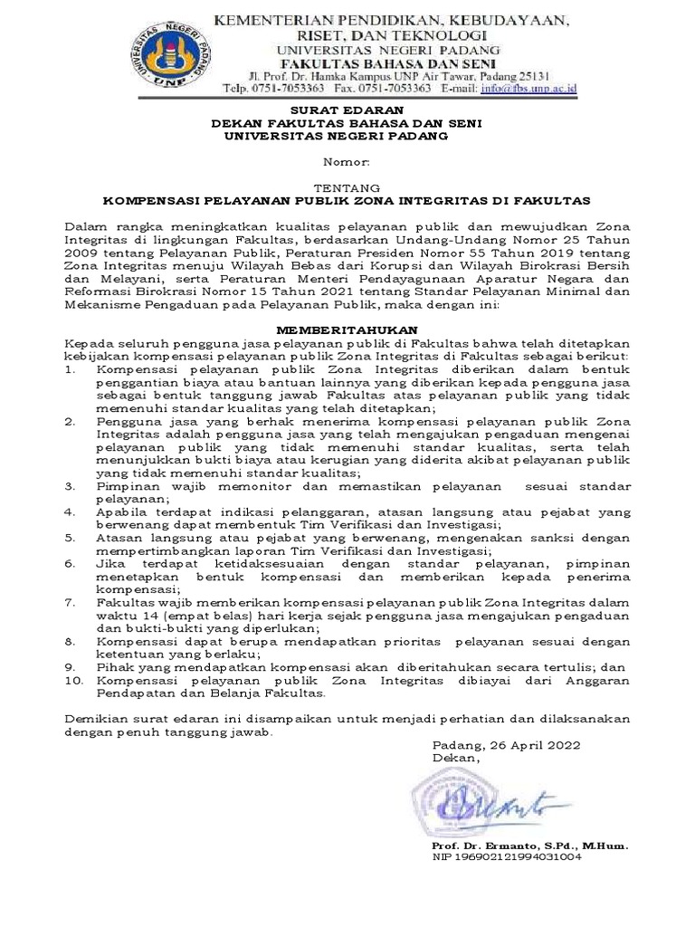 Kompensasi Zona Integritas FBS UNP | PDF