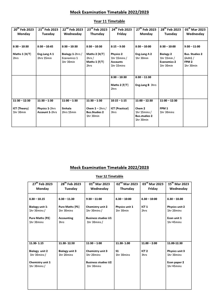 Mock Examination Timetable | PDF | Social Science | Science & Mathematics