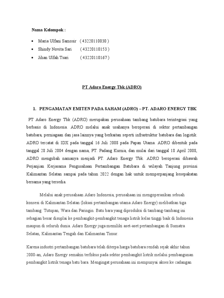 PT Adaro Energy TBK (ADRO) - Kelompok4 | PDF | Pengelolaan Keuangan & Uang