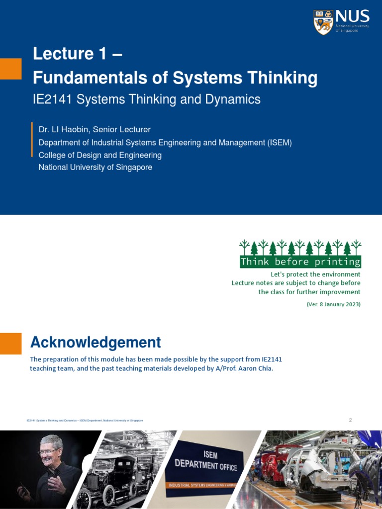 Lecture 1 - Fundamentals of Systems Thinking | PDF | System | Perception