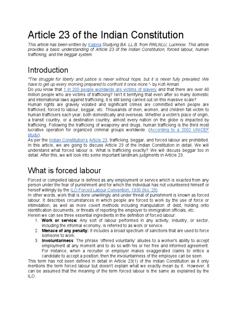 Article 23 of The Indian Constitution | PDF | Human Trafficking | Labour Law