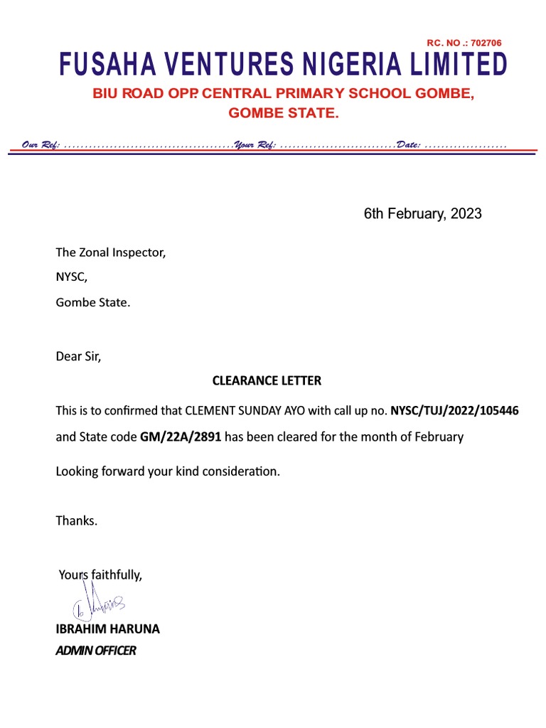 NYSC Clearance Letter | PDF