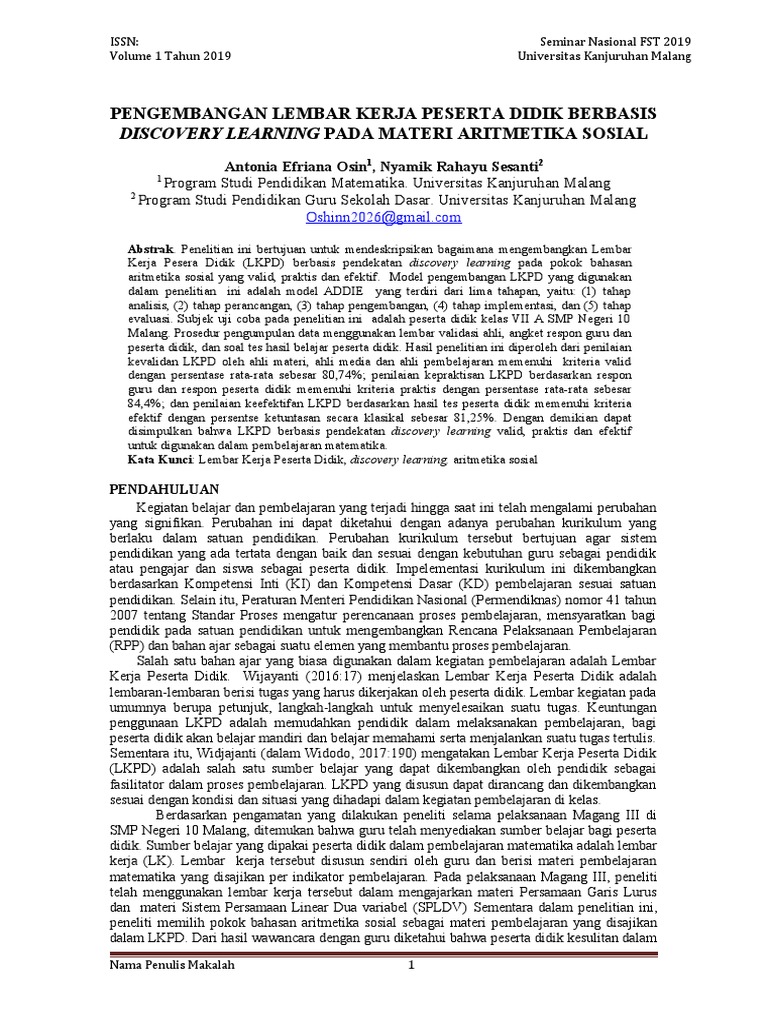 Discovery Learning Pada Materi Aritmetika Sosial: Pengembangan Lembar Kerja Peserta Didik ...