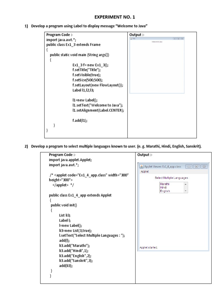 Java Program To Display Welcome Message Using Label Pdf Java Programming Language