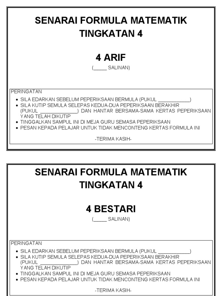 Senarai Formula Matematik | PDF