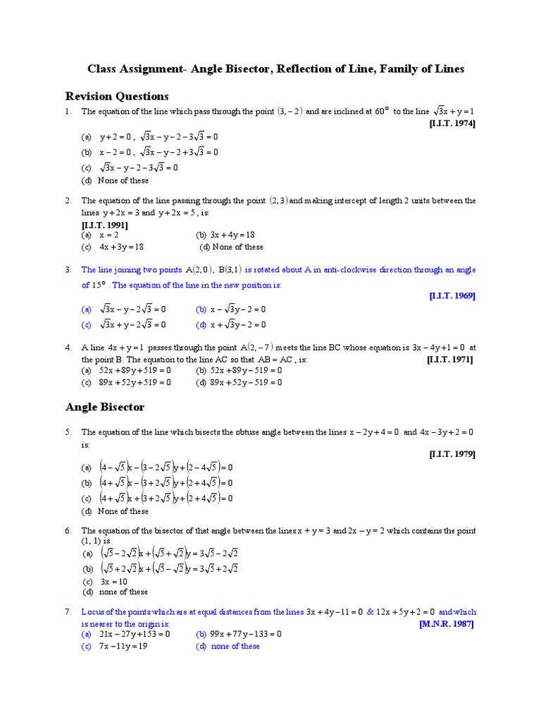 Class Assignment-Angle Bisector, Reflection of Line, Family of Lines ...