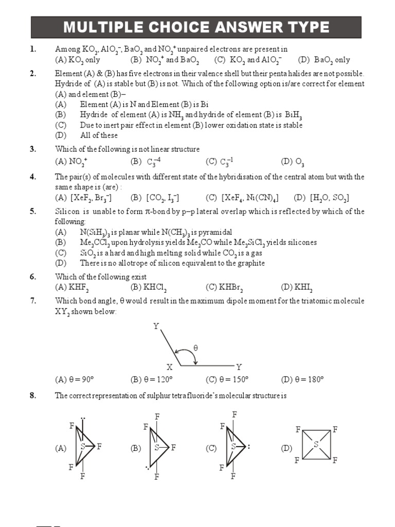 Multiple Choice Questions on Chemistry Concepts | PDF | Chemical Bond ...