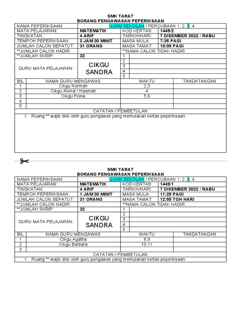 Borang Pengawasan Peperiksaan | PDF