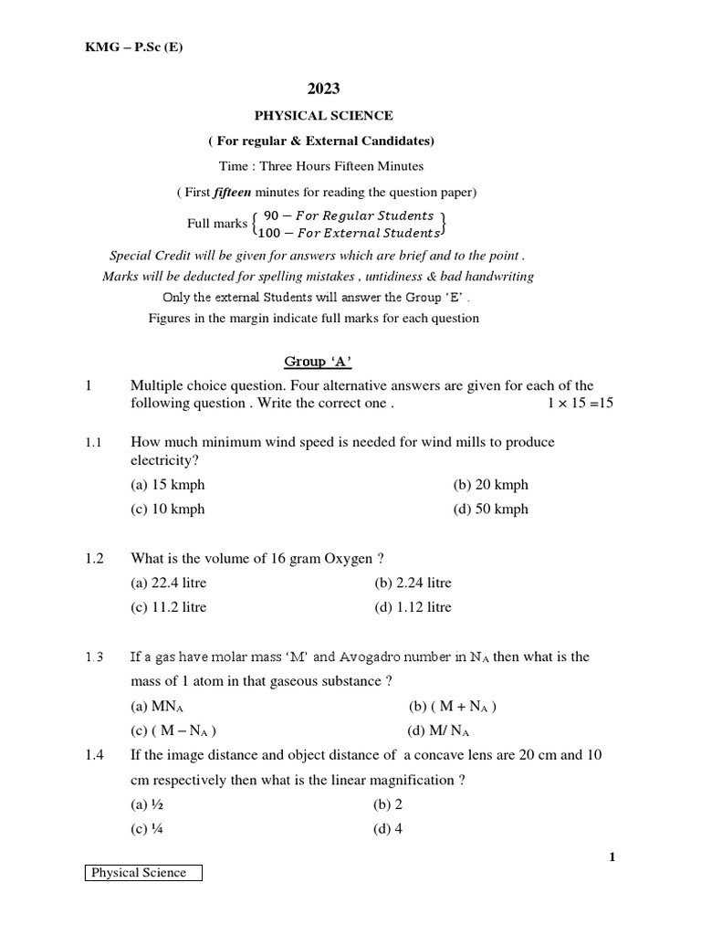 Physical Science Question Class X | PDF | Chemical Reactions | Gases