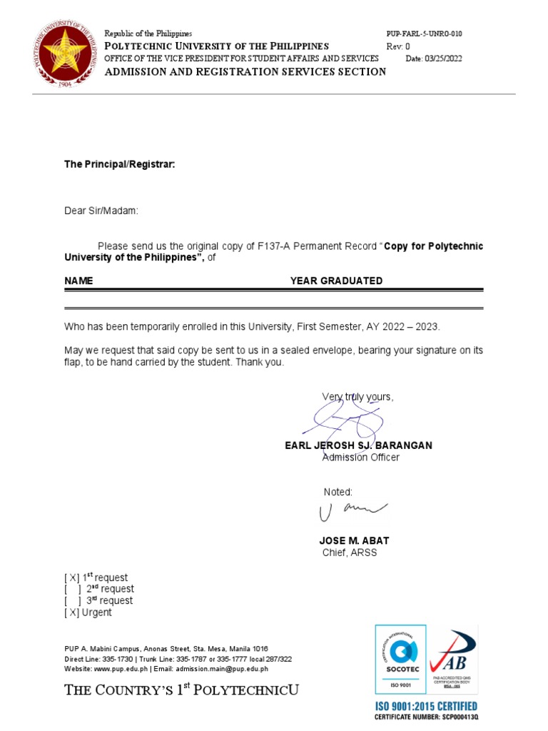 Request-letter-for-FORM-137A-with-cover-letter | PDF | Universities And ...