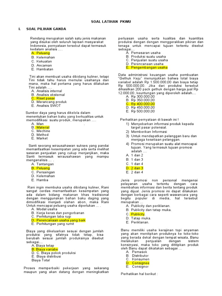 SOAL PKWU LATIHAN Kls 12 Salinan-1 | PDF | Bisnis