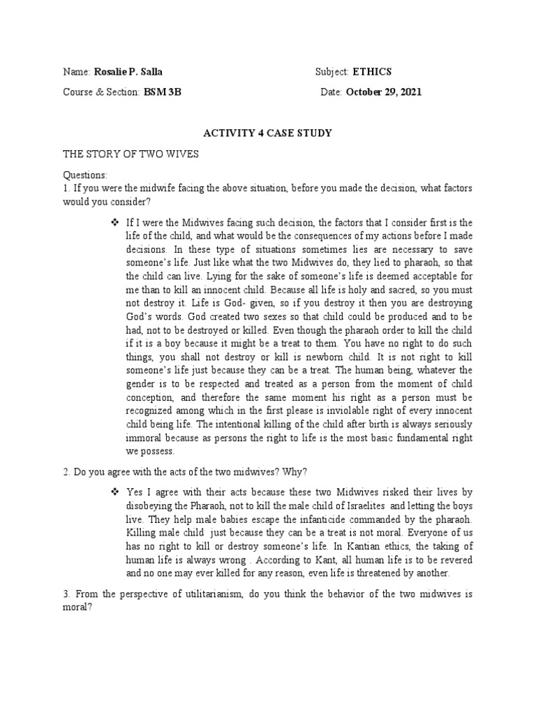 Activity 4 Case Study (ETHICS) - Salla Rosalie P. BSM 3B | PDF | Utilitarianism | Applied Ethics