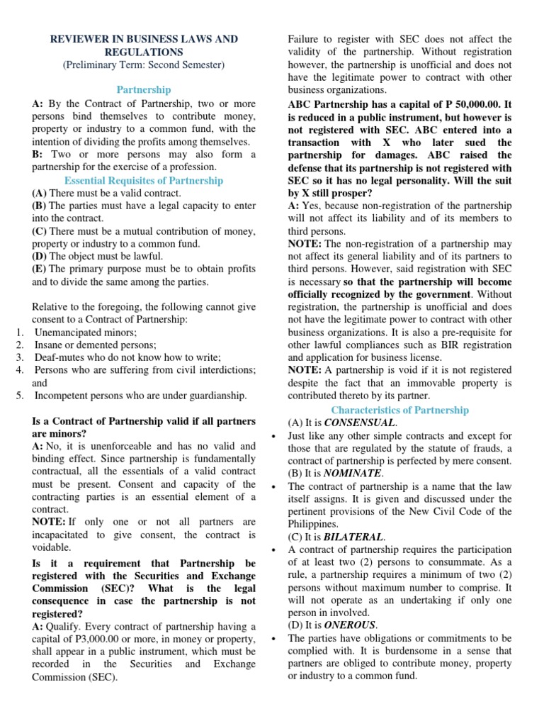Reviewer in Business Laws and Regulations | PDF | Partnership | Law Of ...